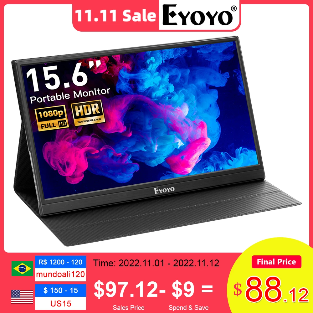 Eyoyo 15.6 Inch Portable Monitor Hdmi Type-c 1080p Hdr Ips Screen Dual ...