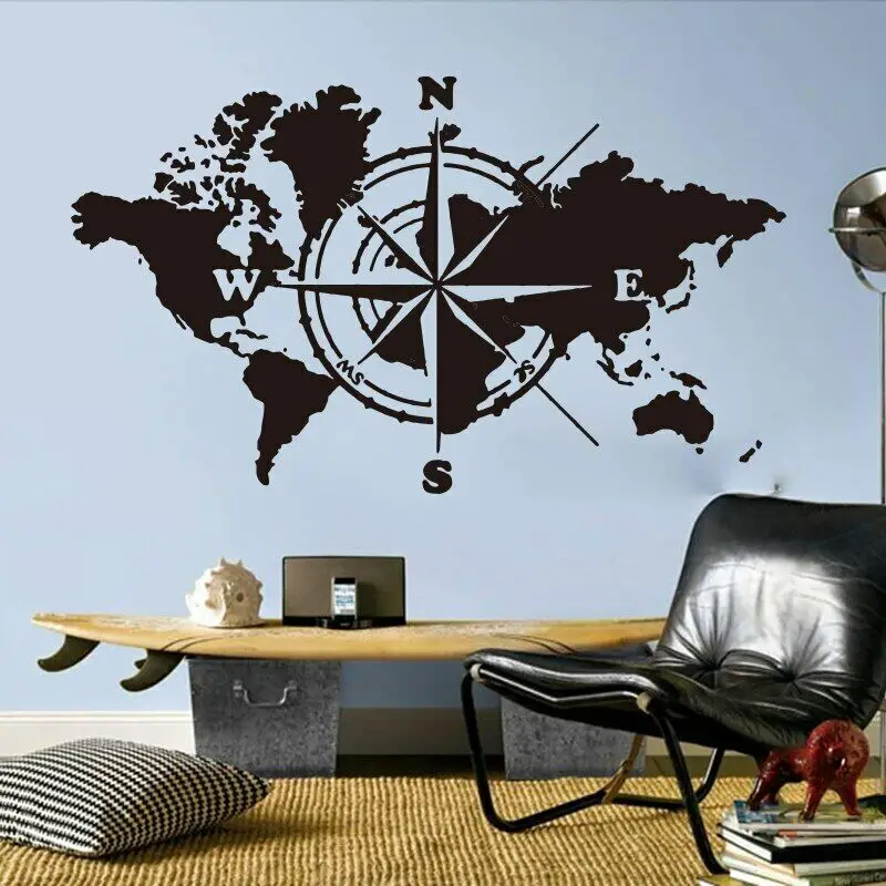 Compass-World-Map-Travel-Wall-Sticker-Classroom-Office-Adventure-Wall ...