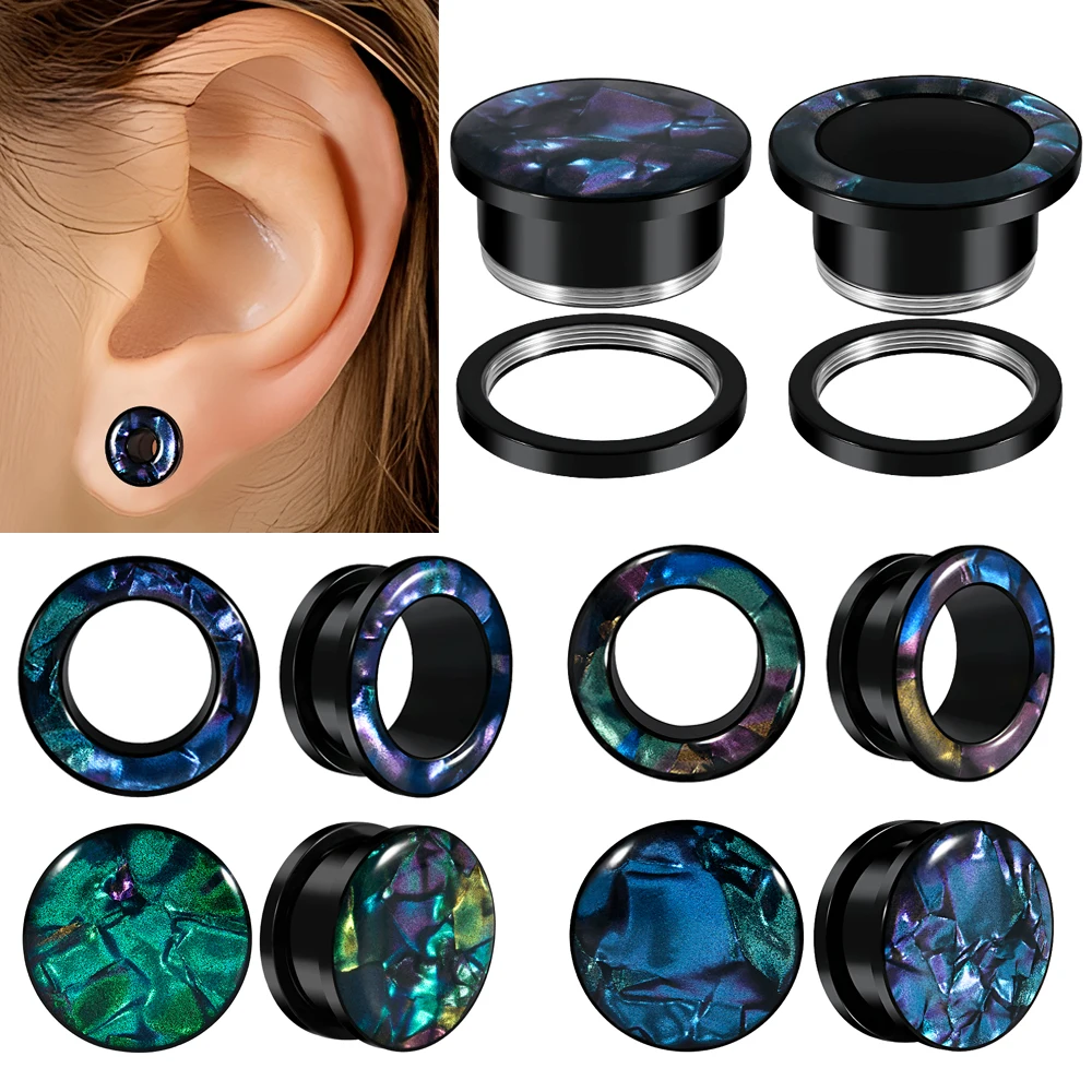 2pcs Flat Hollow Colorful Shell Black Stainless steel Ear Tunnel Gauge ...
