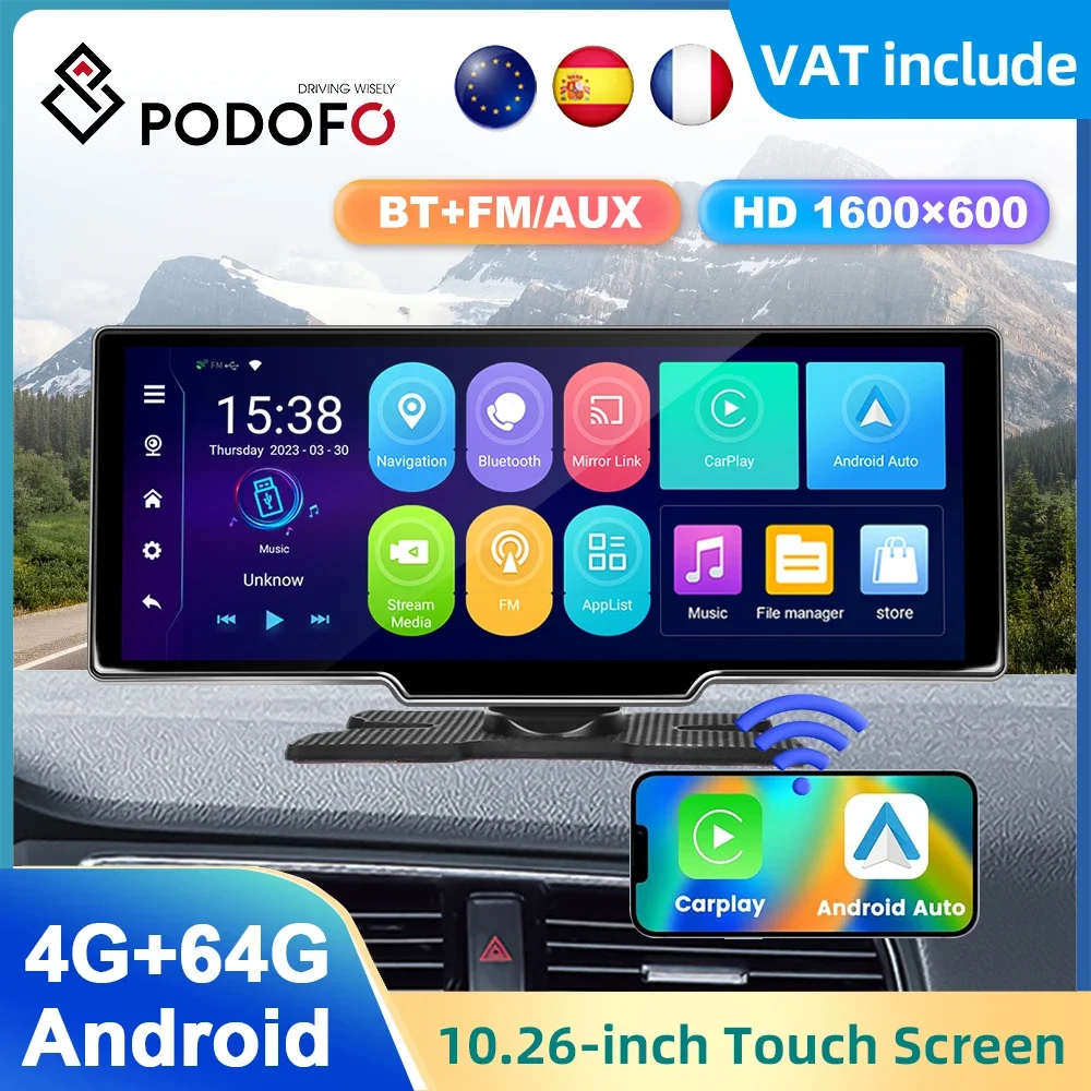 Podofo-10-26inch-4-64G-Carplay-Andnoid-Monitor-Carplay-Android-auto-Screen-WIFI-Bluetooth-FM ...