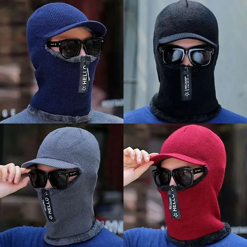 Men Winter Knitted Hat With Zipper Outdoor Face Ear Protection Warm ...