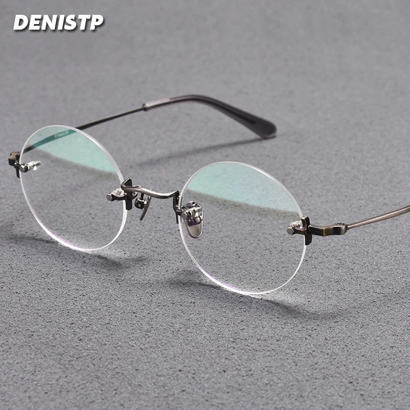 Rimless-Titanium-Glasses-Frame-Men-Vintage-Round-Prescription-Optical ...