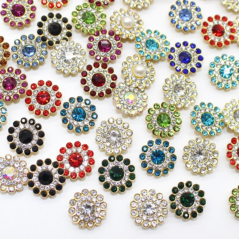 Wholesa14mm-Flower-Claw-Rhinestones-Button-Gold-Base-Glitter-Crystals-Beads-Sew-On-Rhinestone ...
