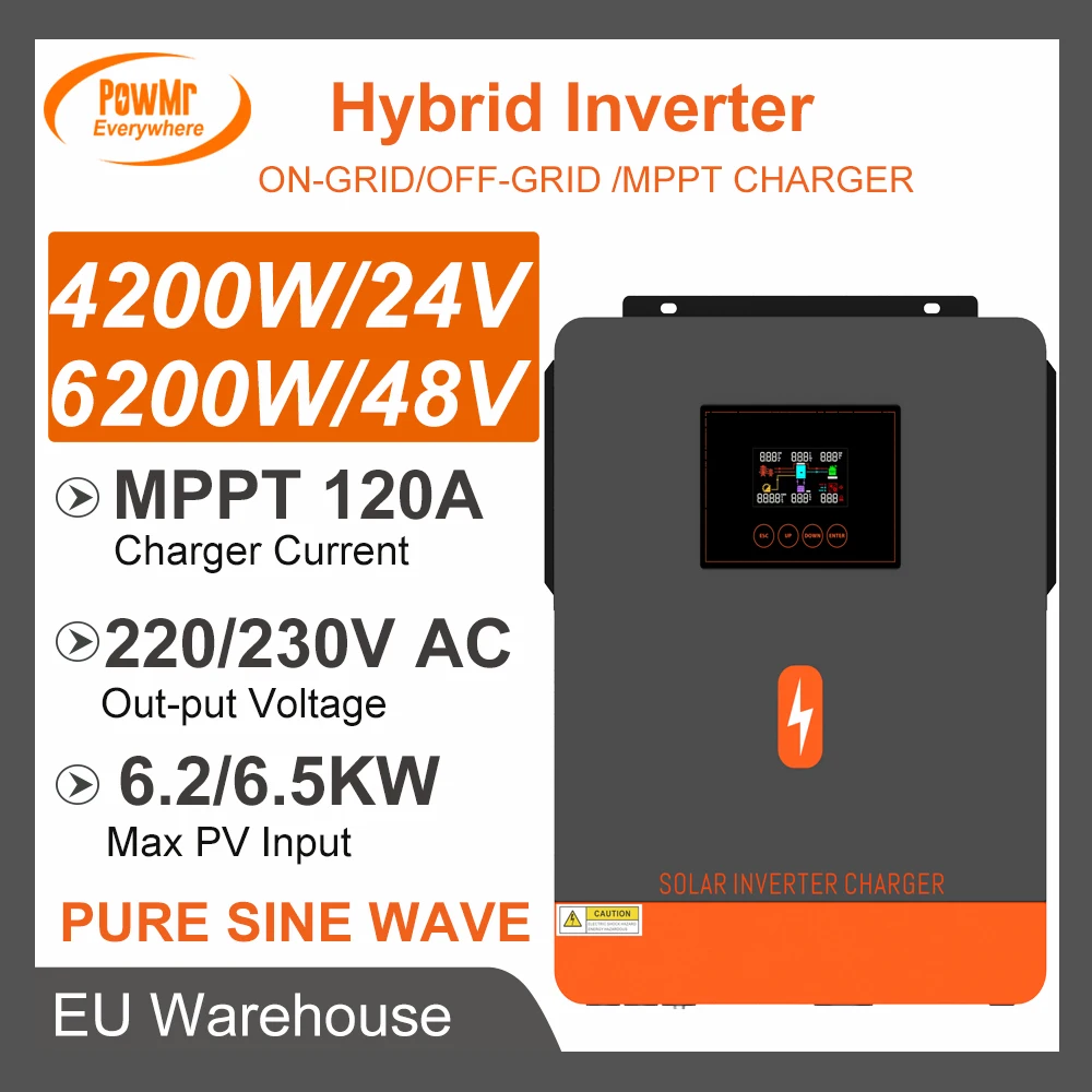 PowMr MPPT 120A Solar Charger 6.2KW 4.2KW On Grid/Off Grid Inverter DC 24V 48V 230VAC and Max PV ...