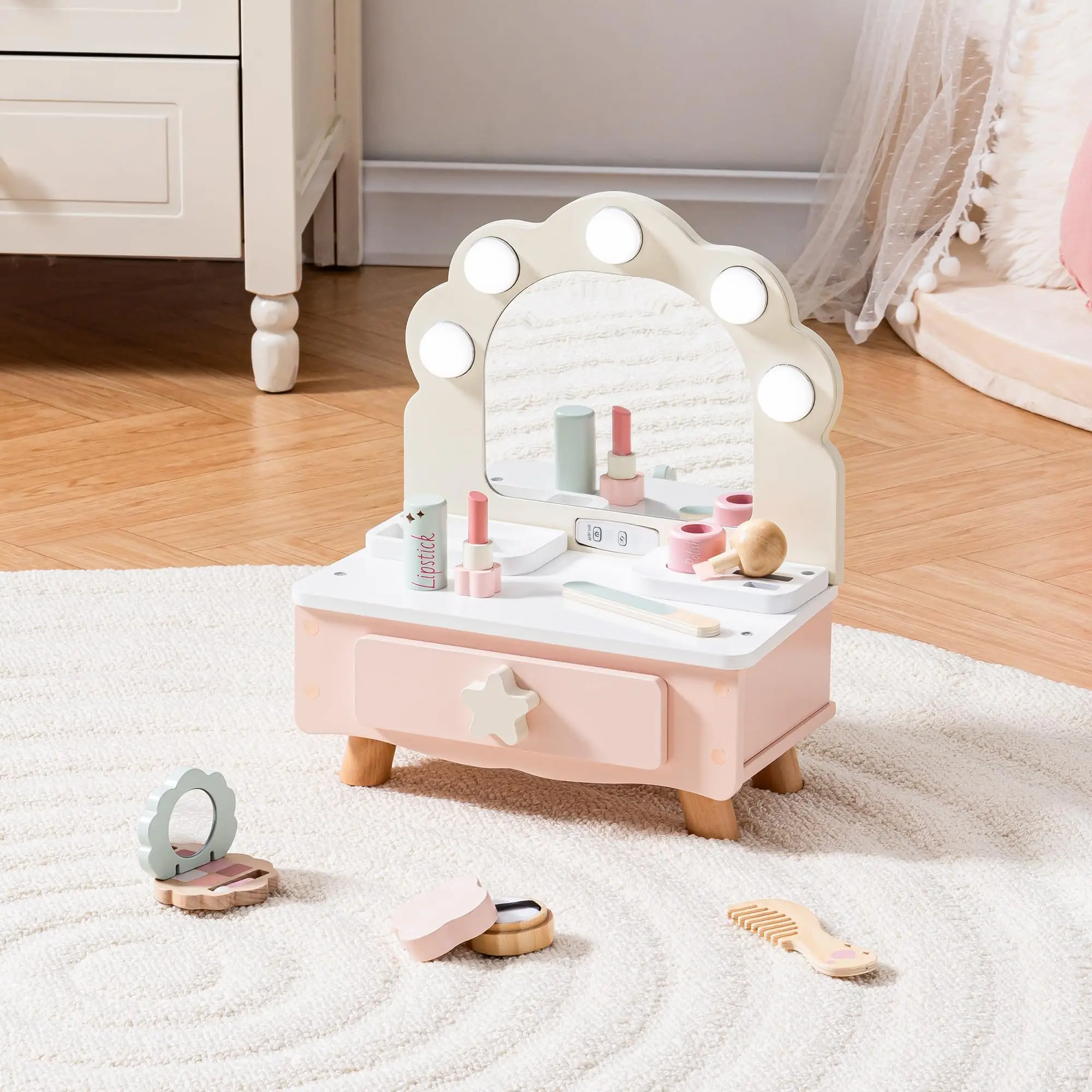ROBOTIME Vanity Makeup Table Toy with Mirror Light Wooden Pretend ...