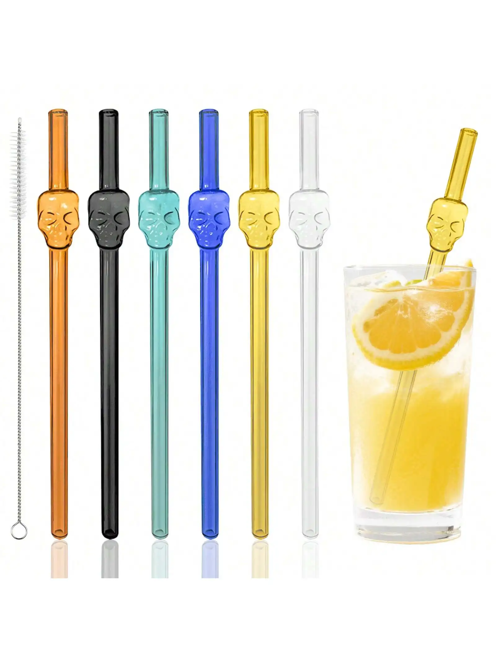 1/5/7Pcs 1set Skull Glass Straw Reusable Glass Straws Shatter Resistant ...