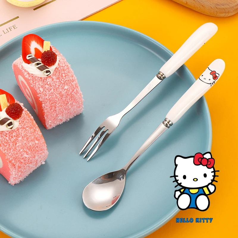 헬로 키티 포크와 스푼 투피스 세트 귀여운 만화 디저트 커피 스푼 어린이 쌀 스푼 스테인레스 스틸 소녀 과일 포크