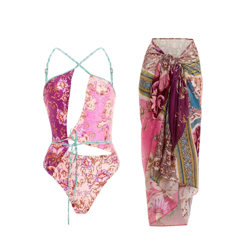 Print-One-Piece-Swimsuit-Hollow-Out-Diagonal-Collar-Design-Swimwear ...