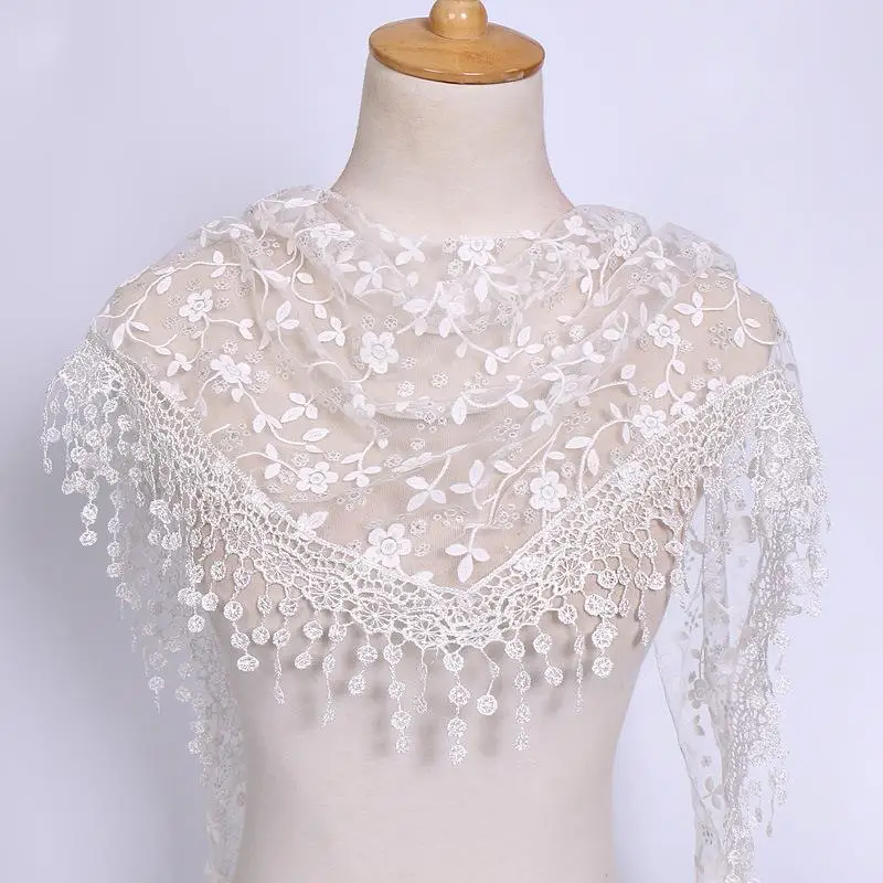 Fashion Elegant Flower Fringed Triangle Scarf Women White Lace Shawl ...