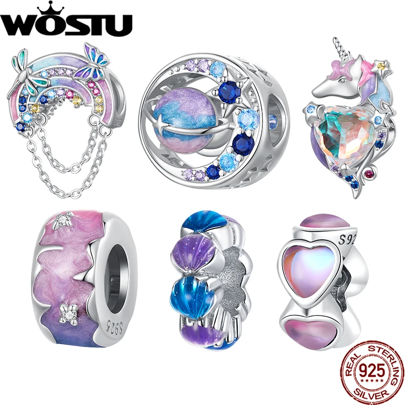 WOSTU 925 Sterling Silver Unicorn Rainbow Charm Dreamlike Planet Milky ...