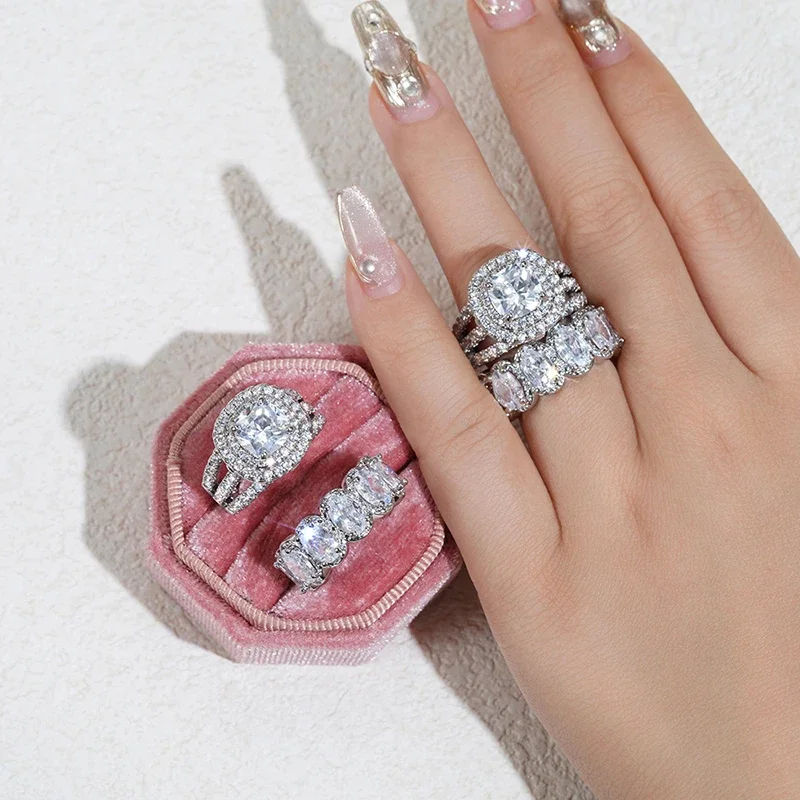 CAOSHI Gorgeous 2Pcs Set of Rings for Women Brilliant Zirconia Finger ...