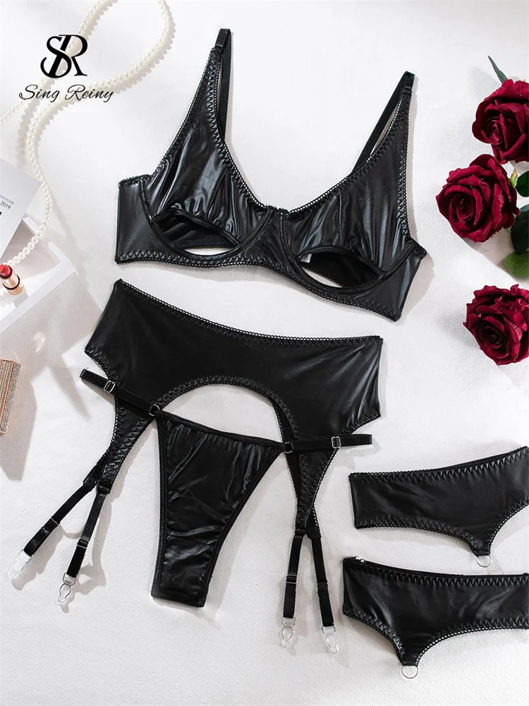 SINGREINY-Sexy-Leather-Lingereie-Bra-Briefs-Suits-Women-Solid-Strapless ...