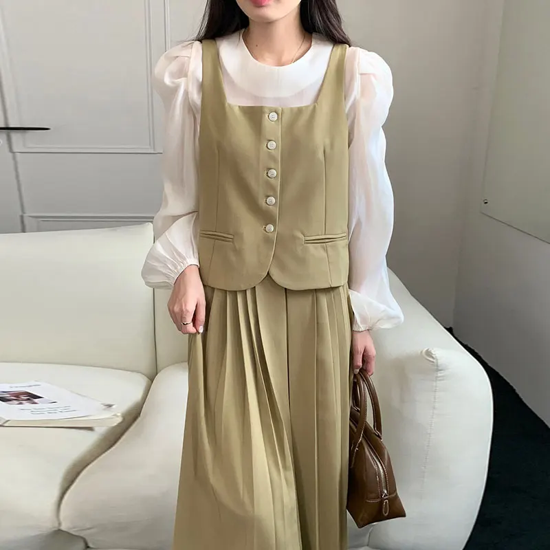 한국 시크 프렌치 라운드 넥 약간 투명 퍼프 슬리브 셔츠 싱글 브레스트 조끼 조끼 하이 웨이스트 플리티드 스커트