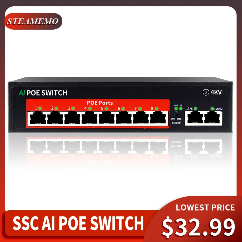 STEAMEMO-10-100M-8-Ports-POE-Switch-120W-Power-Supply-Network-Ethernet ...