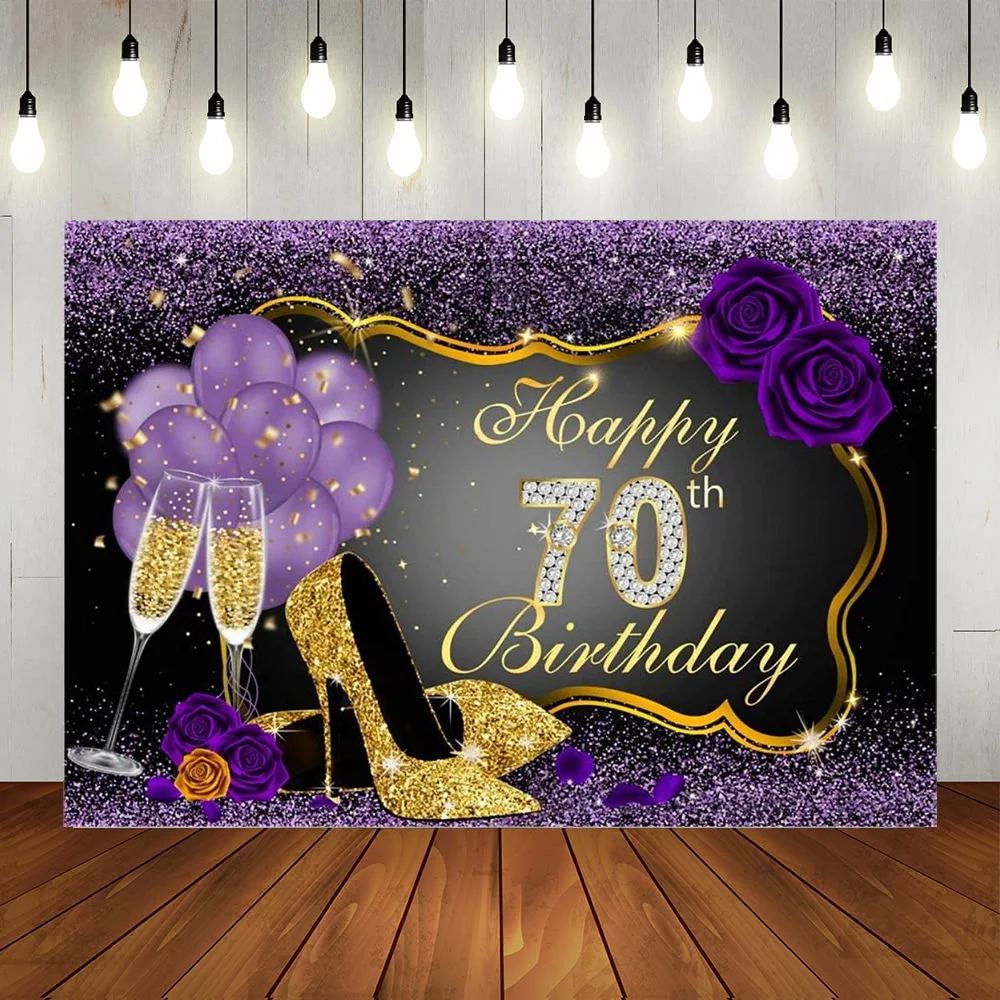Purple-Glitter-70th-Birthday-Party-Backdrop-Silver-High-Heels-Champagne-Seventy-Women-Shining ...