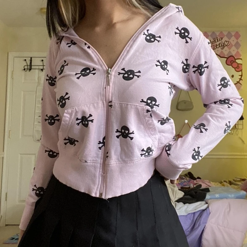 Mall Goth Grunge 00s Vintage Sweatshirts Cute Pink Skull Print Zip Up ...