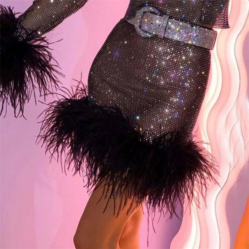 Sexy Shiny See through Mesh Feather Skirt For Women Summer Rhinestone ...