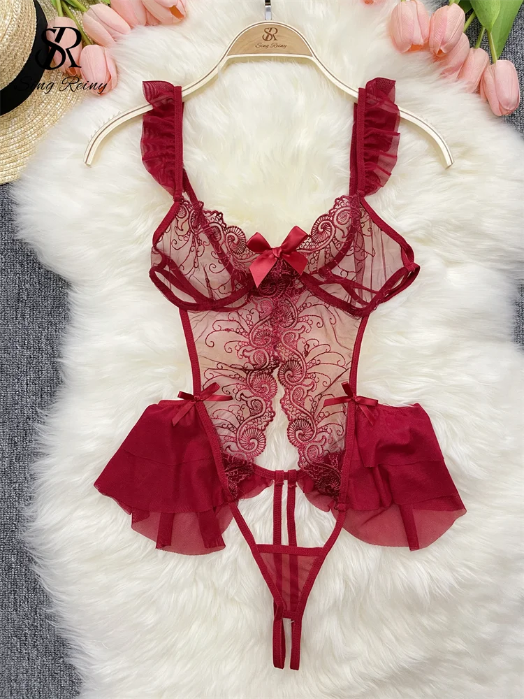SINGREINY-monos-sexys-de-encaje-para-mujer-lencer-a-Porno-ahuecada-Pelele-con-entrepierna ...