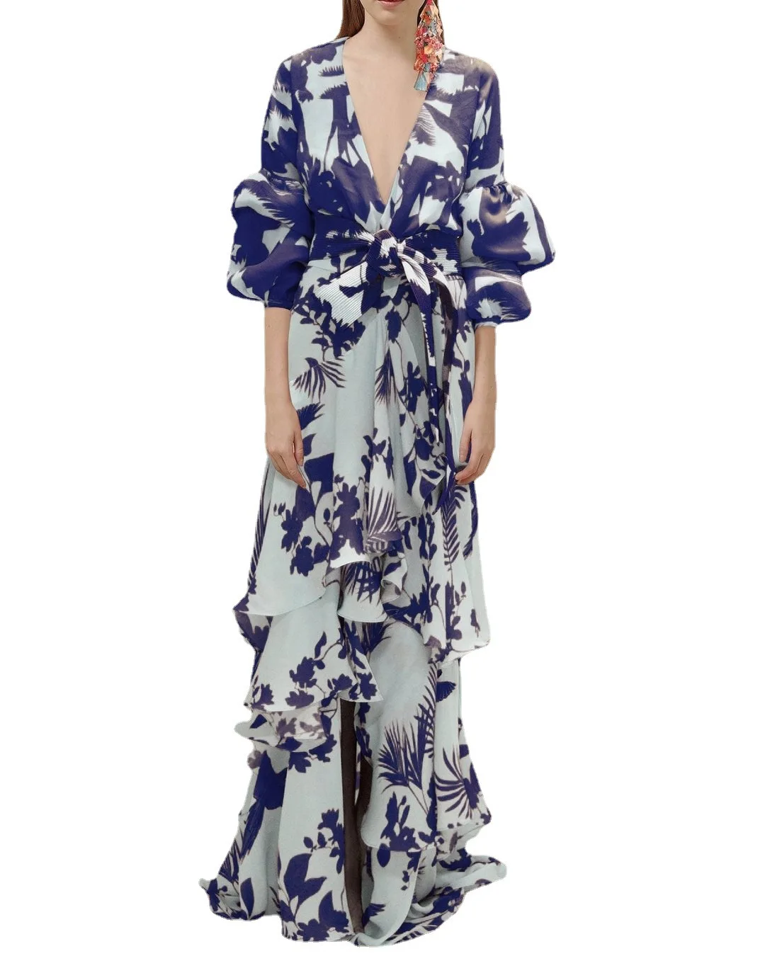 Fashion-Chiffon-Ruffles-Hem-Print-Dress-Women-Elegant-V-Neck-Long ...