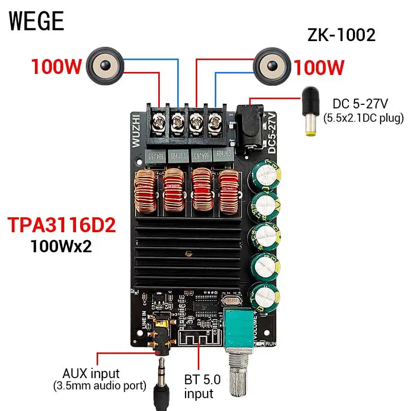WEGE 50Wx2 100Wx2 ZK-502C 1002 HIFI TPA3116D2 BT5.0 Digital Audio Power ...