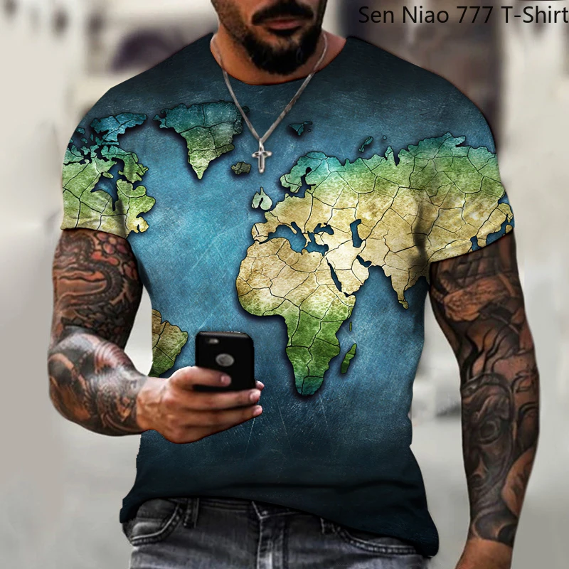 2022 Summer Men Loose Fashion Retro World Map 3d Printed Oversized T ...