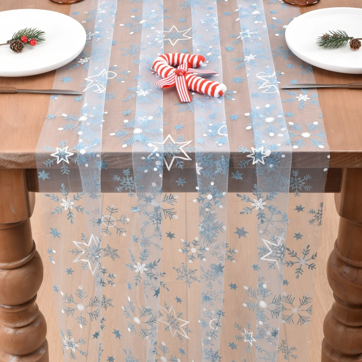 Christmas Snowflake Table Runner Glitter Tulle Star Dots Table Runner ...