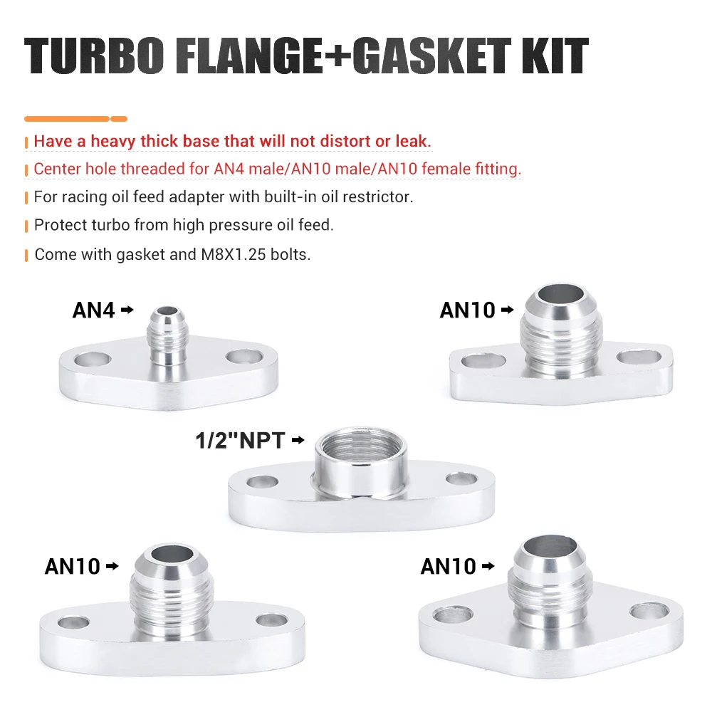 Flange T3/T4 Adapter Kit (Includes Gasket & Bolts) Turbo Oil Feed