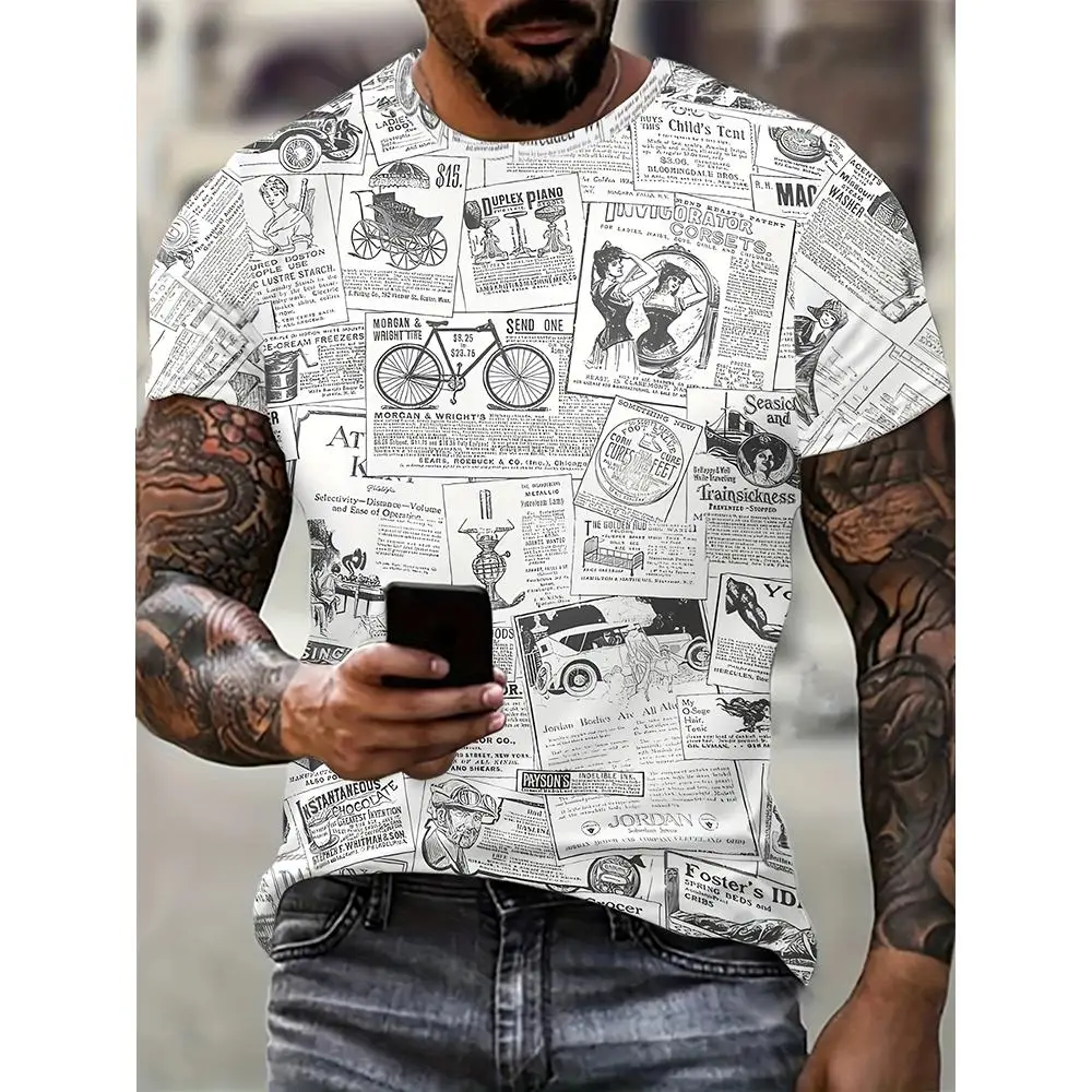 Retro-Men-s-T-Shirt-Newspaper-Pattern-T-shirts-For-Men-Casual-Short ...