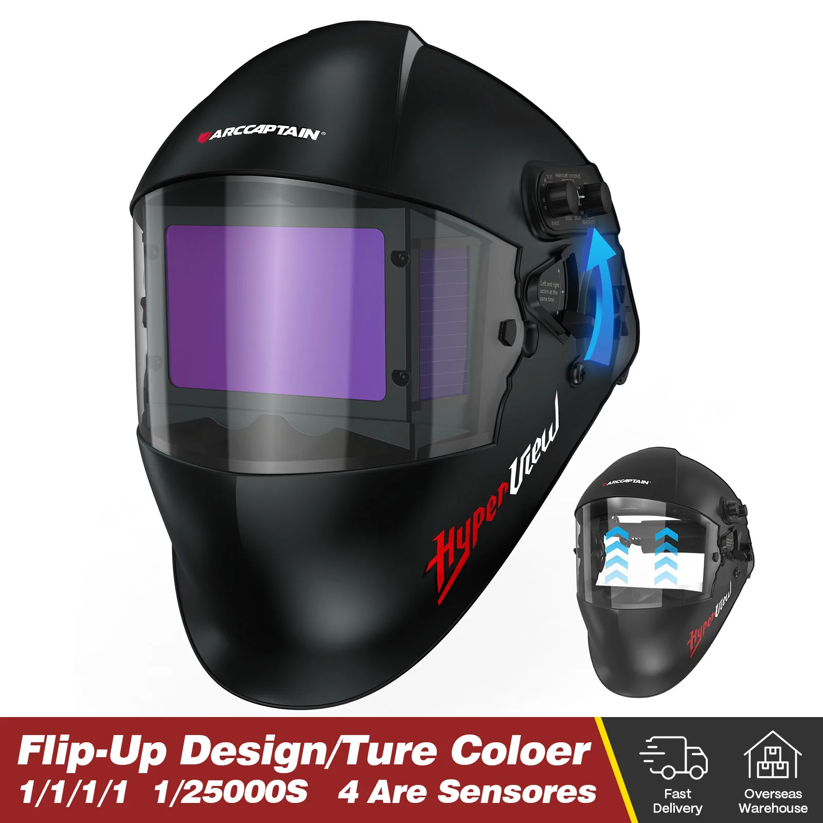 ARCCAPTAIN Flip Up Design Welding Helmet 4 Arc Sensor Auto Darkening ...
