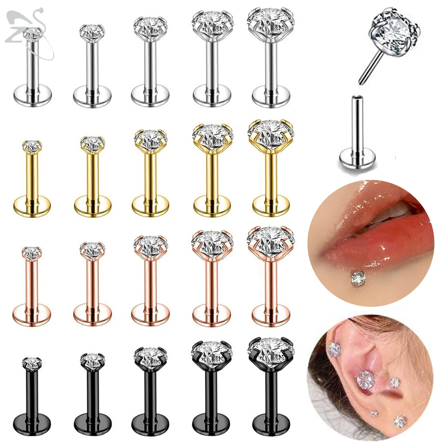 ZS 1PC 7mm Stainless Steel Lip Stud Plug In Zircon Labret Piercing ...