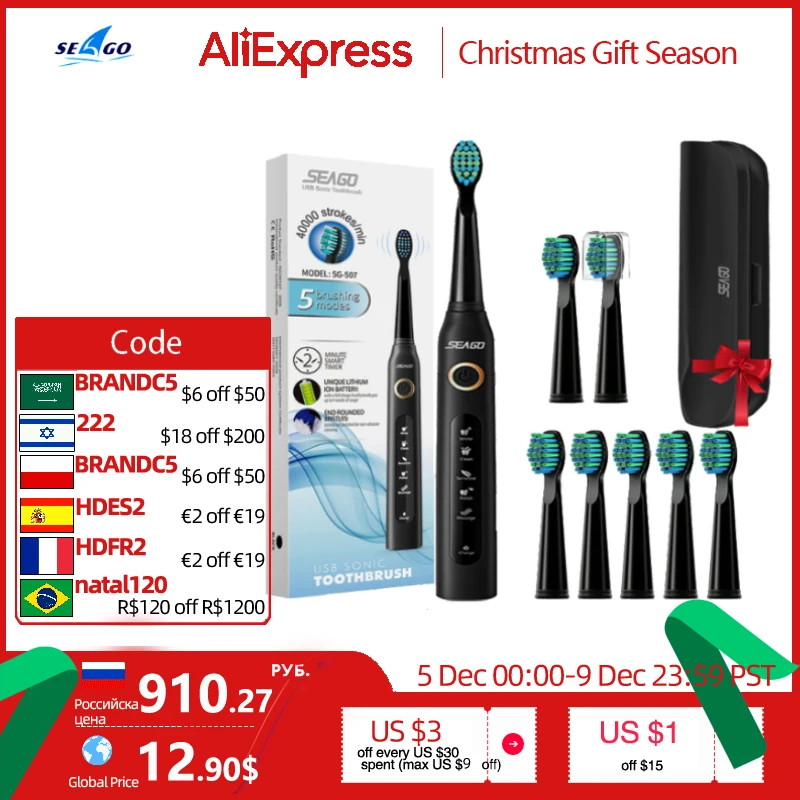 Seago Sonic Electric Toothbrush Sg-507 Adult Timer Brush 5 Modes Usb Charger Rechargeable Tooth ...