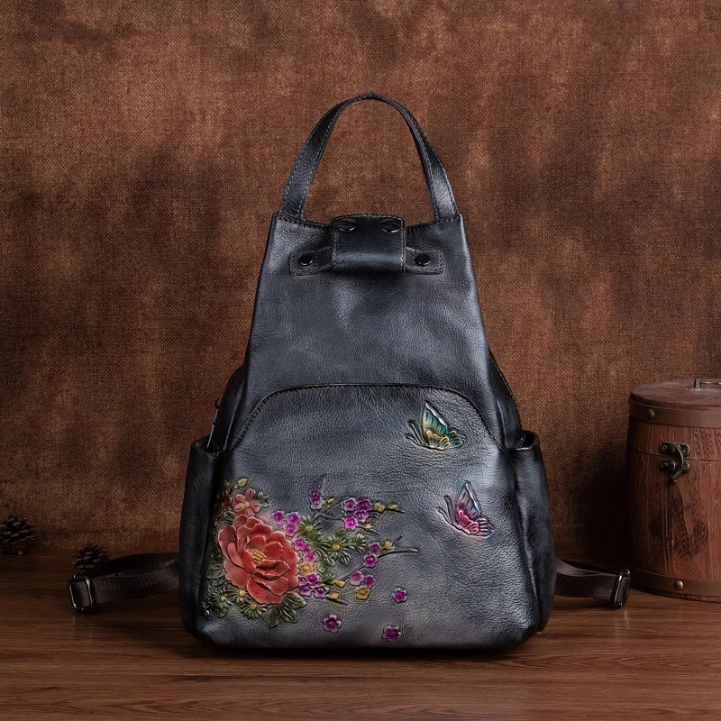 2024-New-Retro-Embossed-Backpack-Female-Women-s-Genuine-Leather ...
