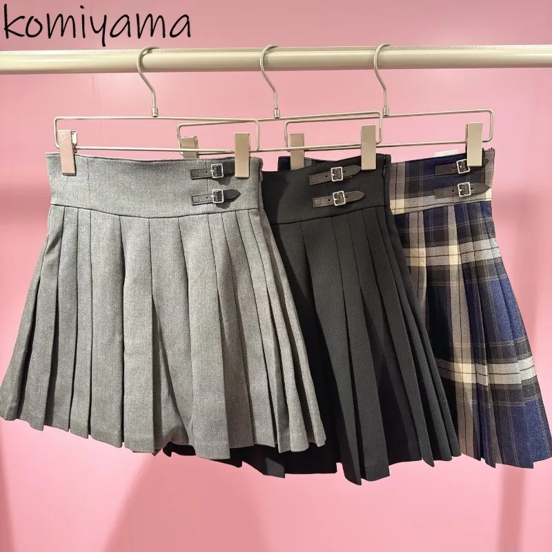 Belt Buckle Ropa Mujer High Waist Pleated A-line Mini Skirt Autumn New ...