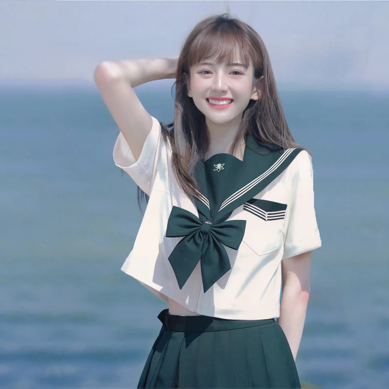 Traje de marinero verde de tres líneas para niña, uniforme escolar japonés de manga corta, Falda ...
