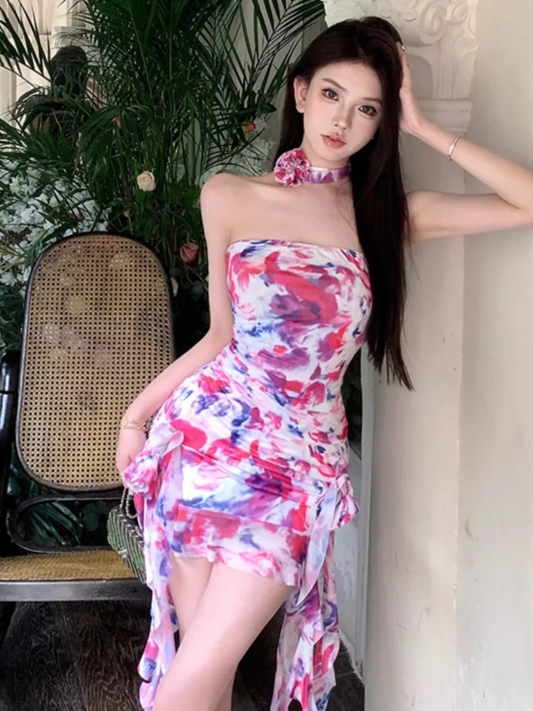 Korejepo-Irregular-Halo-Dyed-Floral-Dresses-Dew-Collarbone-Bra-Dress ...