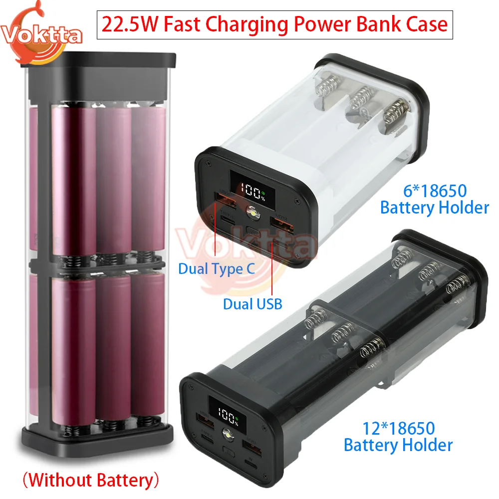 6/12*18650 Power Bank Case 22.5W Fast Charging Fully Transparent LED ...