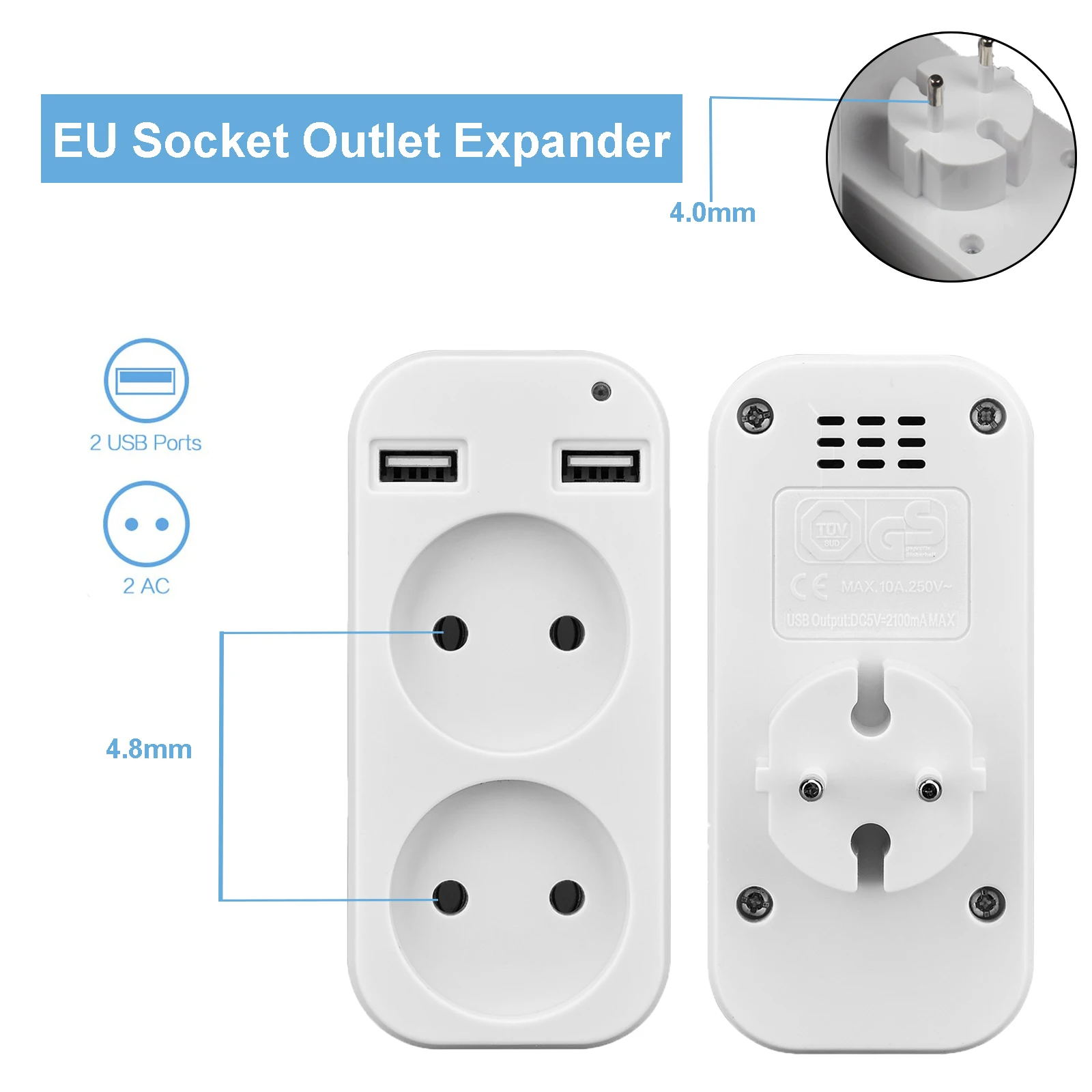 EU-Plug-Adapter-Wall-Outlet-USB-1-To-2-Way-European-Standard-Extender ...
