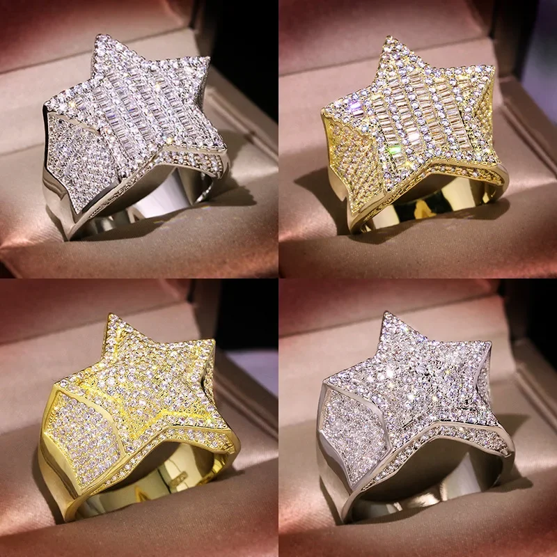 Hip-Hop-Five-Star-Rings-Men-s-Gold-Silver-Color-Iced-Out-Cubic-Zirconia ...