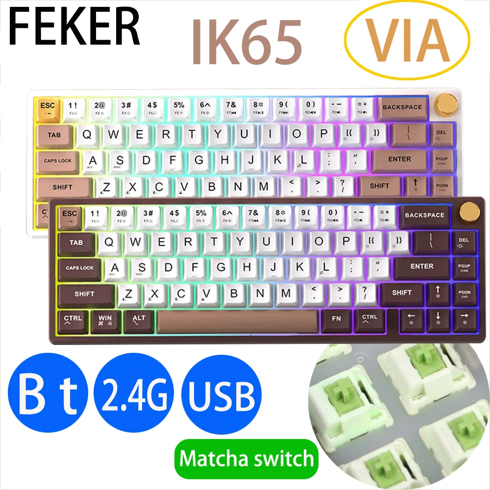 Feker IK65 무선 기계식 키보드, 블루투스 2.4G, VIA, Matcha 스위치, 핫 스왑 개스킷, PBT 키캡 ...