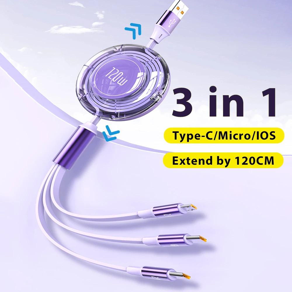 3 in 1 Retractable Fast Charging Cable TypeC IOS Micro Charger Cable ...