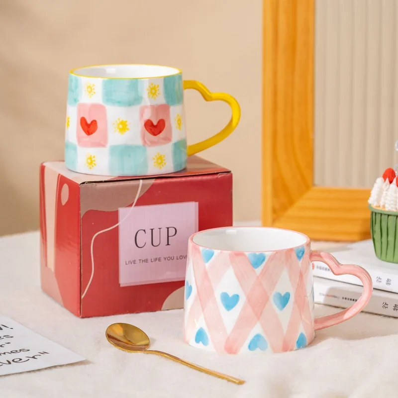 Cute INS style Ceramic Mug Creative Hand-Painted Love Heart Coffee Cup ...