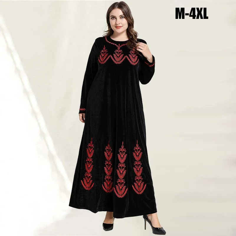 2022-Women-Velvet-Dress-Spring-Floral-Embroidery-Black-Dress-Plus-Size ...