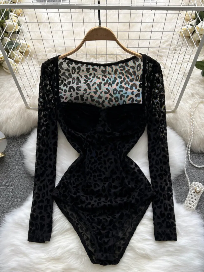Body Sexy de malla transparente para mujer, Body negro de manga larga ...