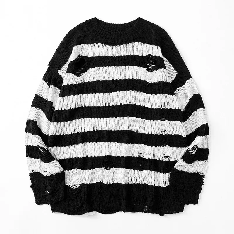 2023 Striped Sweaters Punk Unisex Sweater Autumn Hollow Out Hole Broken ...
