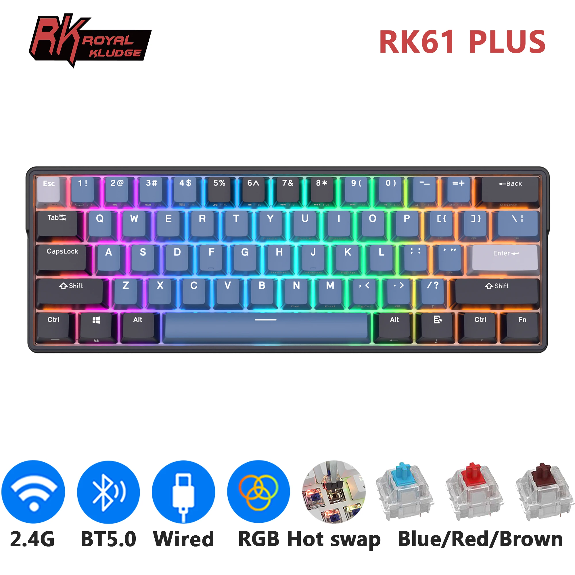 ROYAL-KLUDGE-RK61-Plus-2-4G-Wireless-Bluetooh-Mechanical-Keyboard-61 ...