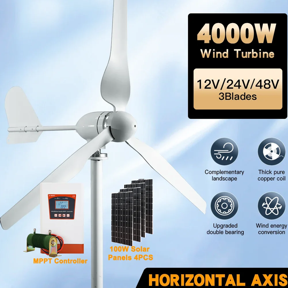 Higher-Output-Horizontal-Wind-Turbine-Generator-4000W-Max-Windmill-W-MPPT-Hybrid-Charge-Solar ...