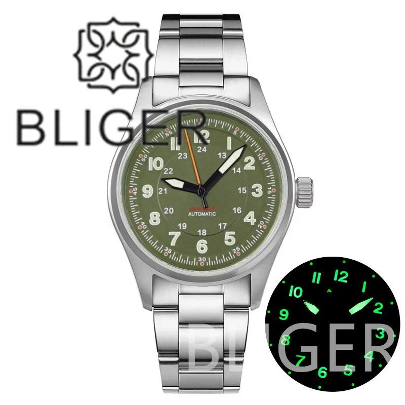 BLIGER 36mm39mm Olive Dial Men's Pilot Filed Dive Watch Domed Glass ...