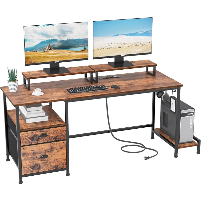 Furologee Desk with Drawer and Power Outlets, 55" Large Compter Desk ...