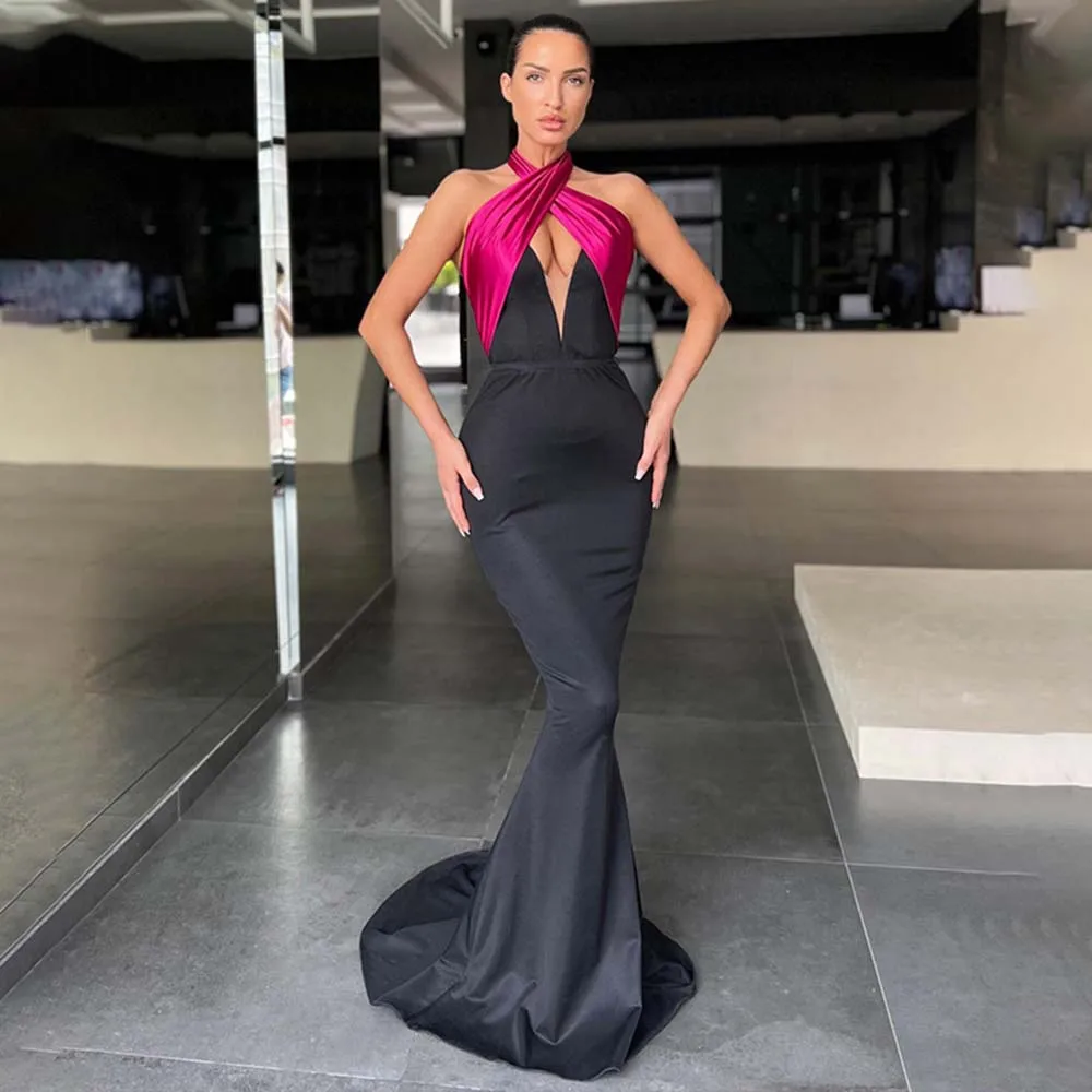 Laxsesu Sexy Halter Neck Prom Dress Crisscross Sleeveless Modern Satin ...