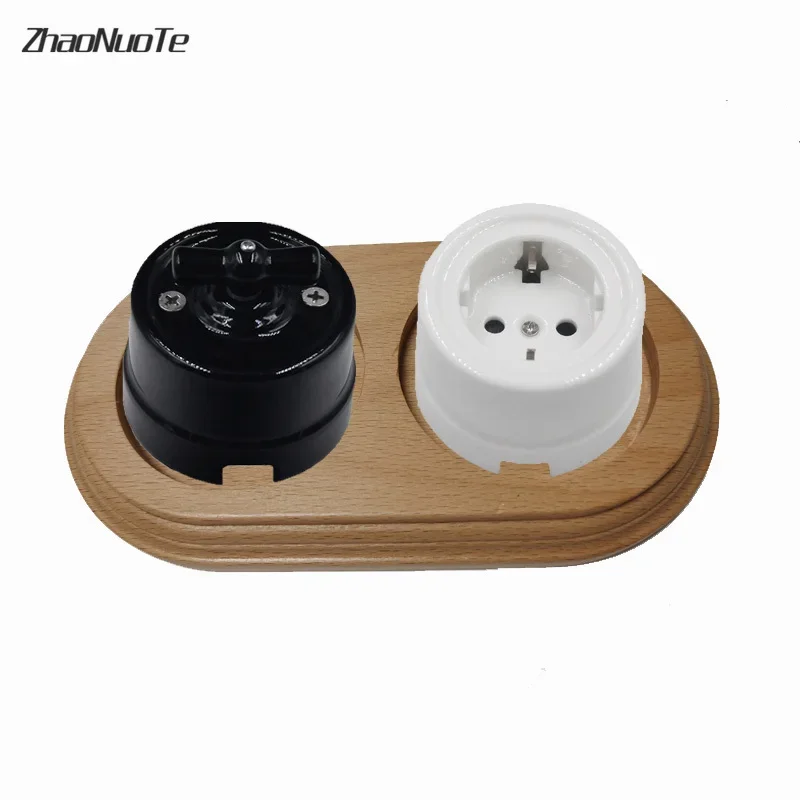 Retro-Switch-Socket-Wooden-Base-1-3-Gang-for-Ceramics-EU-Socket-Switch ...